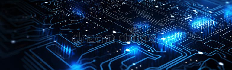 Futuristic Banner of a Digital Circuit with Glowing Chips or Microchip ...