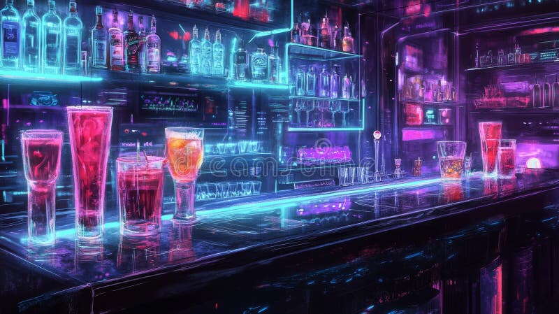 Futuristic Bar Counter Serving Refreshing Cocktails in Neon Lights ...
