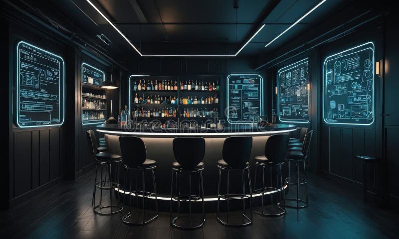 Futuristic Bar with Curved Countertop, Neon Lighting, and Digital ...