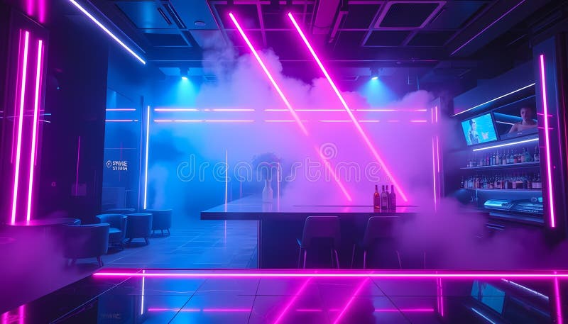 Futuristic Bar Diagonal Neon Light Beams Pink Blue, Reflective Surfaces ...