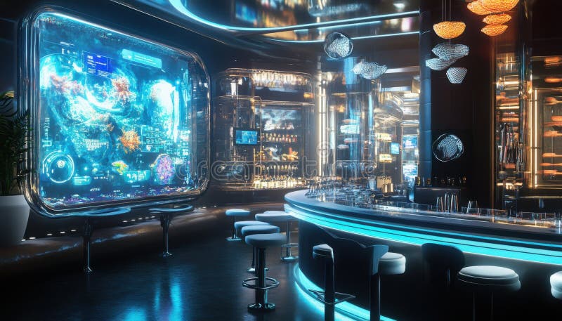 Futuristic Bar Interior with High-tech Display and Ambient Lighting at ...