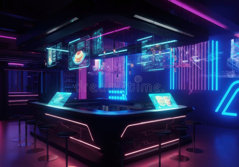 Futuristic Bar Interior Neon Lights Digital Displays Stock Photos ...