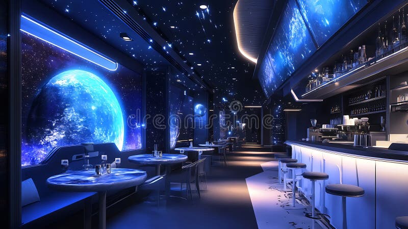 Futuristic Bar Interior with SpaceThemed Decor Stock Illustration ...