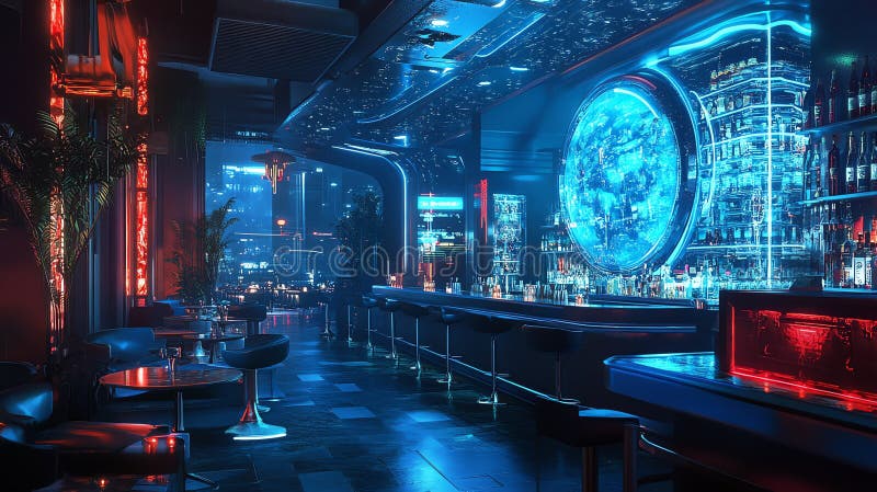 Futuristic Bar with Neon Lights and Circular Display Stock Illustration ...