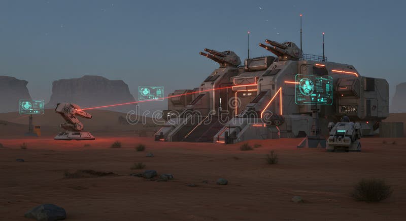 Futuristic Base in Desert Landscape with Defensive System Concept Stock ...