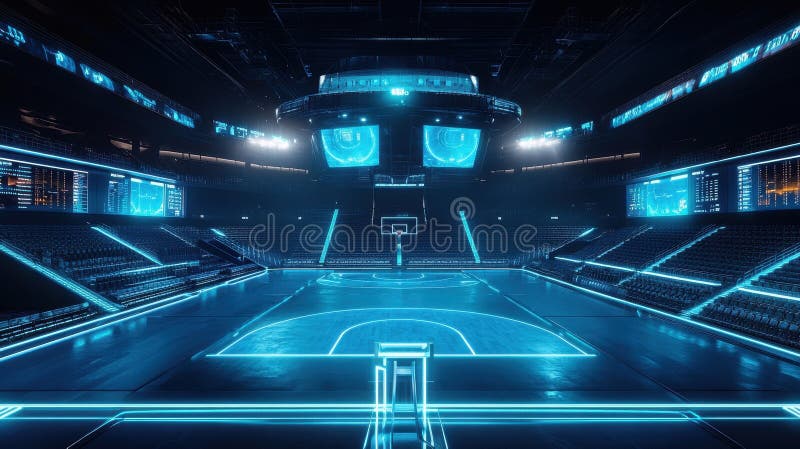 A Futuristic Basketball Arena Illuminated with Blue Lights and Digital ...