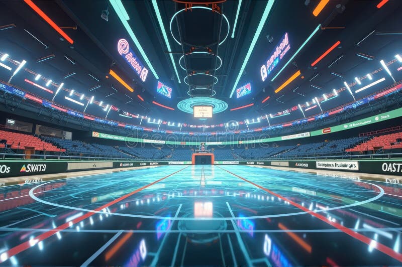 Futuristic Basketball Arena with Neon Lights and Digital Display Stock ...