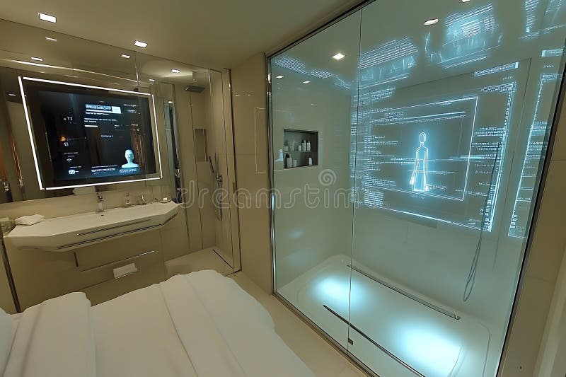 Futuristic Bathroom Design with Interactive Shower and Smart Mirror a Modern Technologically ...