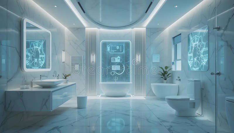 Futuristic Bathroom Design with Smart Technology Integration Featuring Digital Mirrors and ...