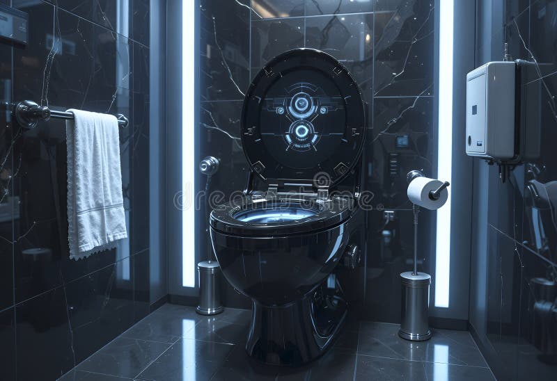 A Futuristic Bathroom with a High-tech Toilet and Glowing Blue Lights ...