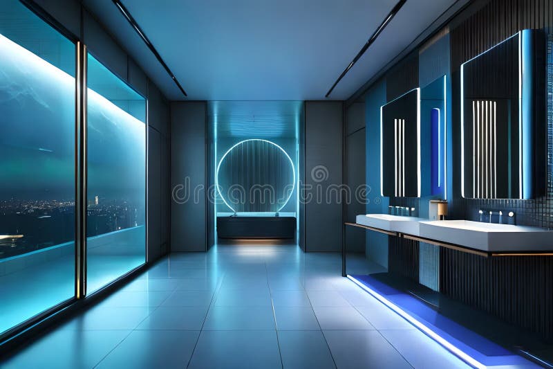 A Futuristic Bathroom with LED-lit Mirrors, High-tech Toilets Stock ...