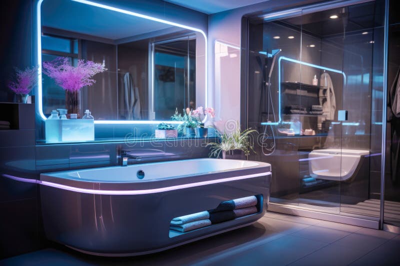Futuristic Bathroom with a Smart Mirror Boasting Augmented Reality Features Stock Illustration ...