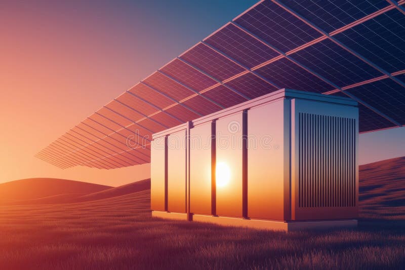 Futuristic Battery Storage System with Solar Array at Sunset Stock ...