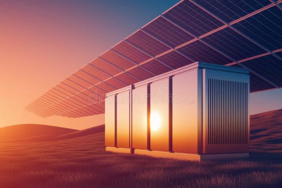Futuristic Battery Storage System with Solar Array at Sunset Stock ...