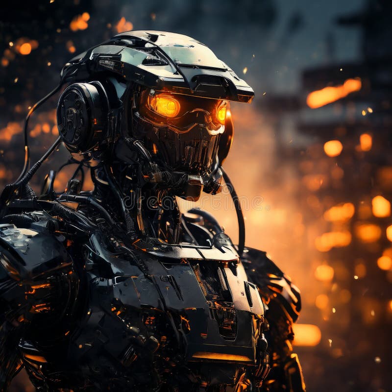 Futuristic Battle Robot with Glowing Eyes in a Cyberpunk Setting Stock ... Futuristic Battle Robot with Glowing Eyes in a Cyberpunk Setting Stock ...