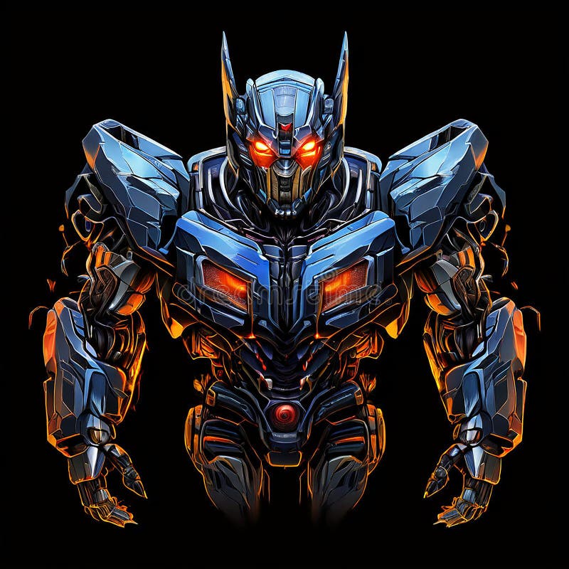 Futuristic Battle Robot with Glowing Red Eyes in Dark Environment Stock ...