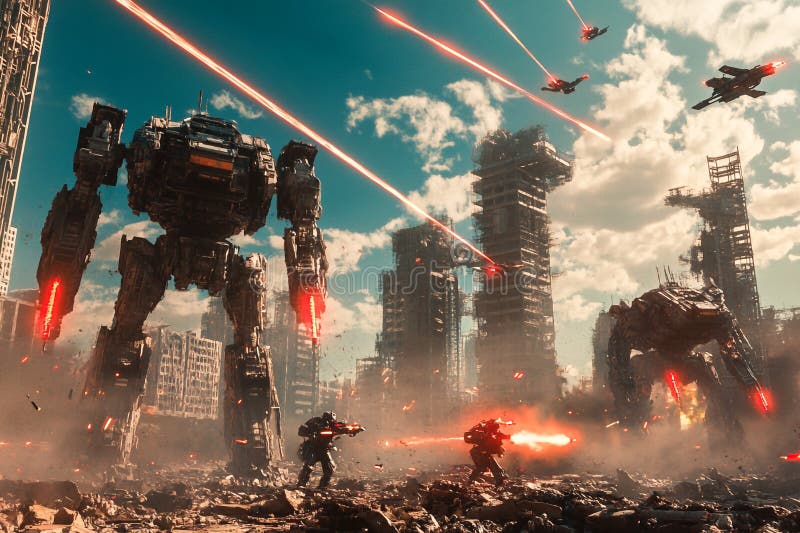 A Futuristic Battle Scene Featuring a Robot Equipped with Lasers and ...