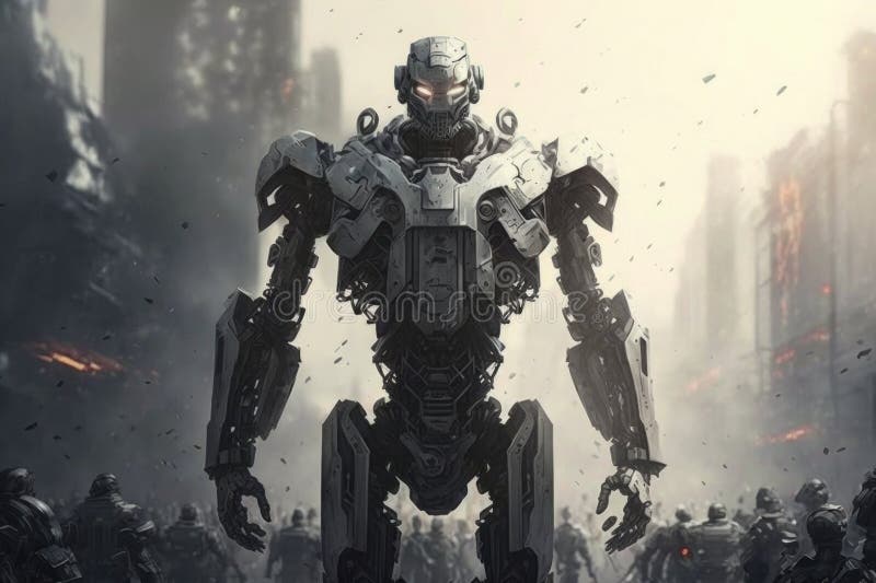 Futuristic Battle Scene with a Giant Robot Stock Illustration ...