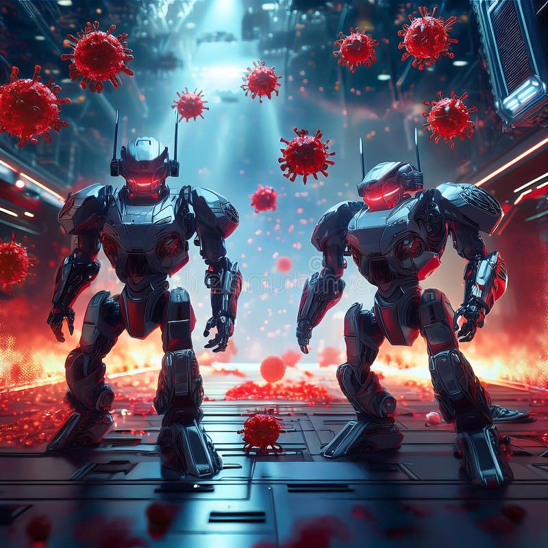 Futuristic Battle Scene between Robots and Microscopic Viral Entities ...