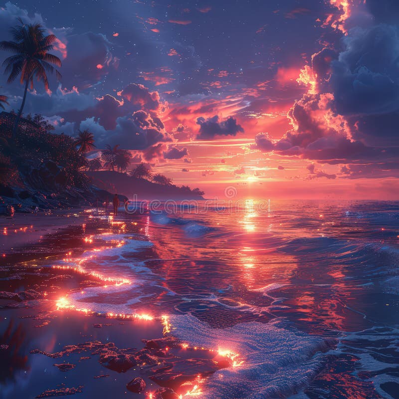 A Futuristic Beach with Neon-colored Waves, Retro-futuristic Style ...