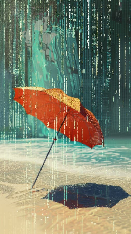 Futuristic Beach Scene with Floating Red Umbrella and Digital Rain ...