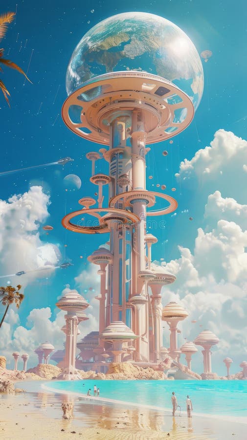 Futuristic Beachfront Tower with Floating Planets in a Dreamlike Sky ...