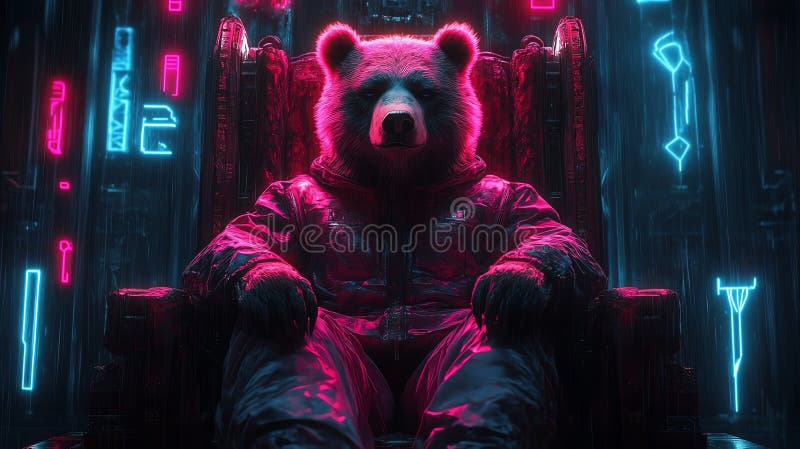 A Futuristic Bear in Neon Lights, Seated Confidently in a High-tech ...
