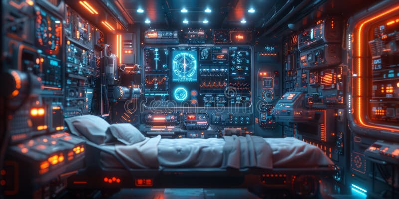 Futuristic Bedroom with Advanced Digital Control Panels, Glowing Neon ...