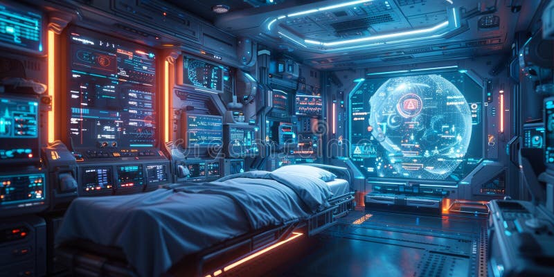Futuristic Bedroom with Advanced Digital Control Panels, Glowing Neon ...