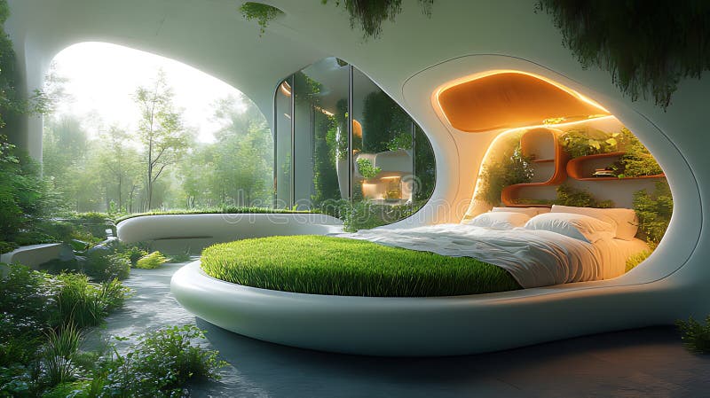 Futuristic Bedroom, Biophilic Design, Forest View, Grass Bed, Eco ...