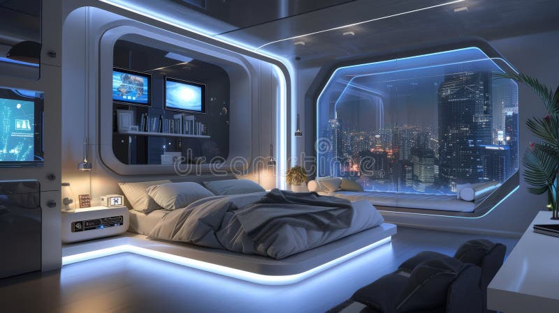 Futuristic Bedroom with Digital Photo Frames Stock Illustration ...