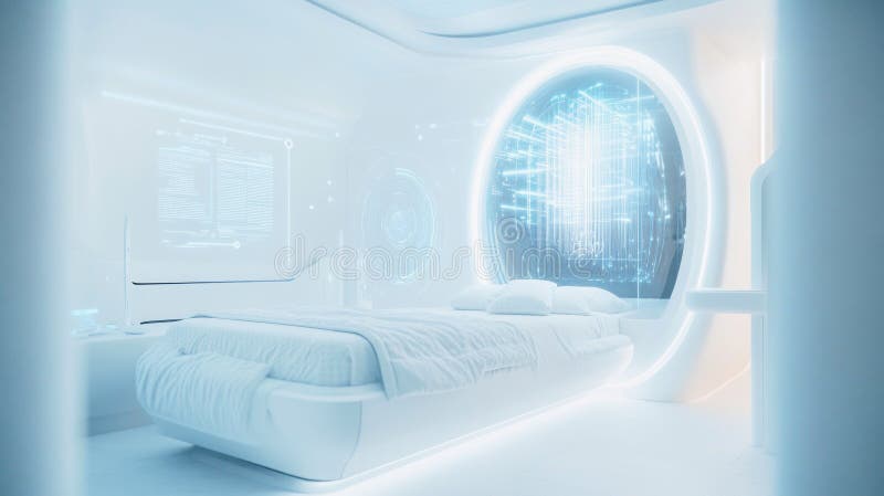 A Futuristic Bedroom Featuring a High-tech Sleeping Pod and Interactive ...