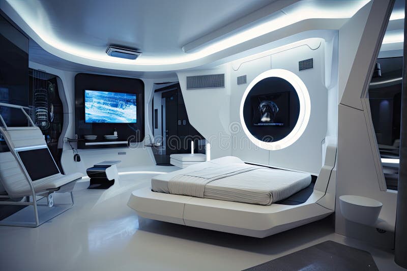 Futuristic Bedroom Decor With Large White Bed In Futuristic Room