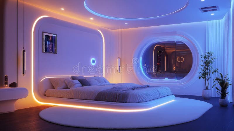 Futuristic Bedroom Interior with Blue and Orange Lighting Stock Illustration - Illustration of ...