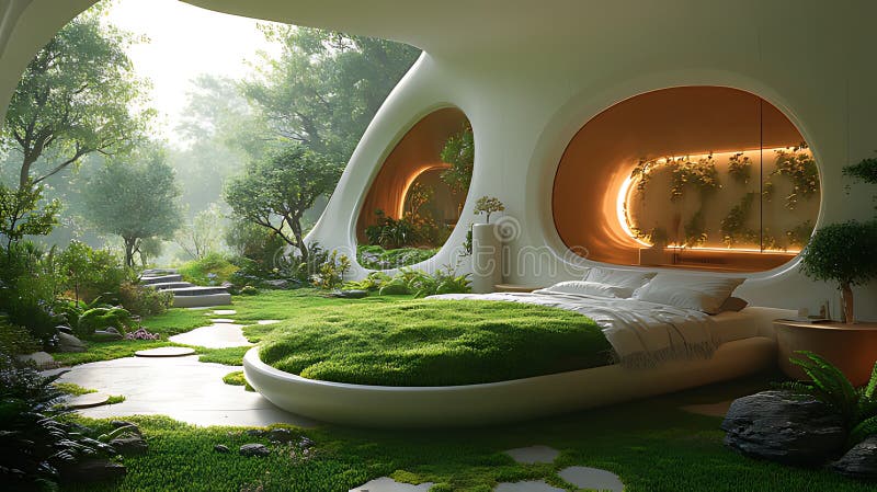 Futuristic Bedroom, Moss Bed, Forest View, Sunrise, Eco-design Stock ...