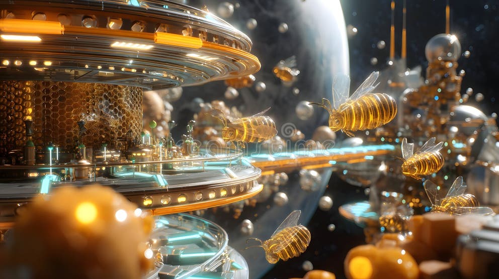 Futuristic Beehive Cityscape with Flying 3D Bees Stock Illustration ...