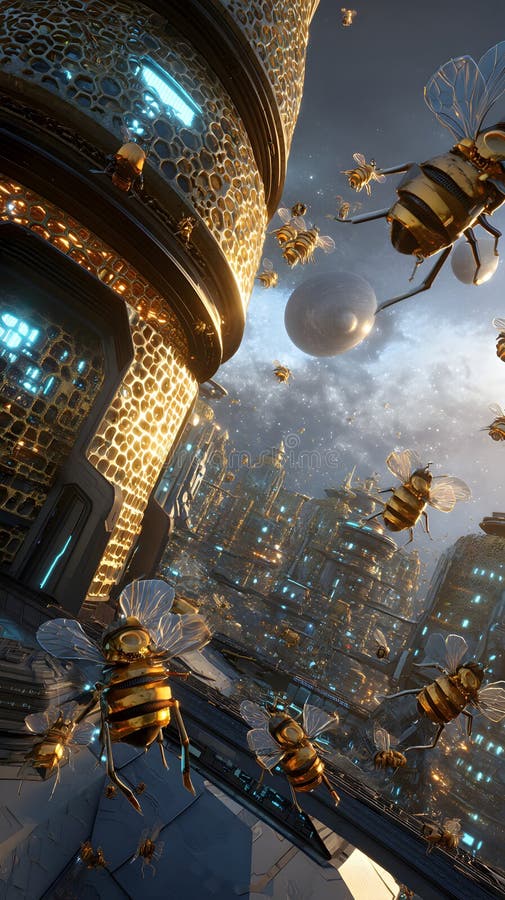 Futuristic Beehive Cityscape with Flying 3D Bees Stock Illustration ...