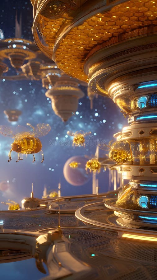 Futuristic Beehive Cityscape with Flying 3D Bees Stock Illustration ...
