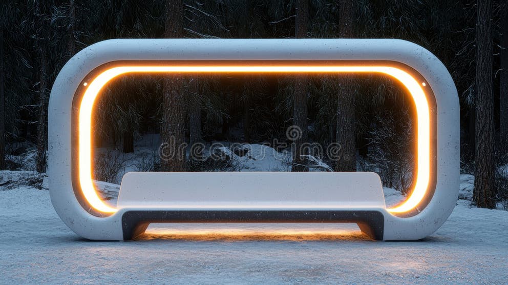 Futuristic Bench in Snowy Forest at Night Stock Illustration ...