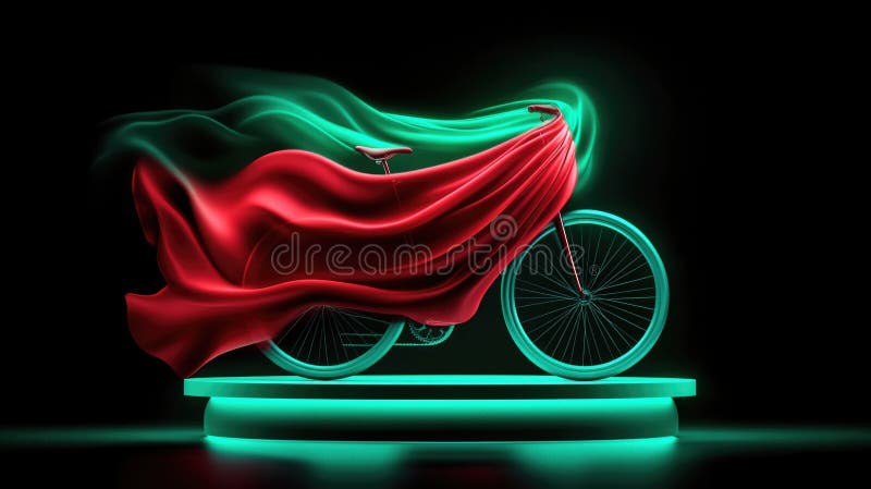 Futuristic Bicycle Draped in Flowing Red and Green Fabric on Neon Lit ...