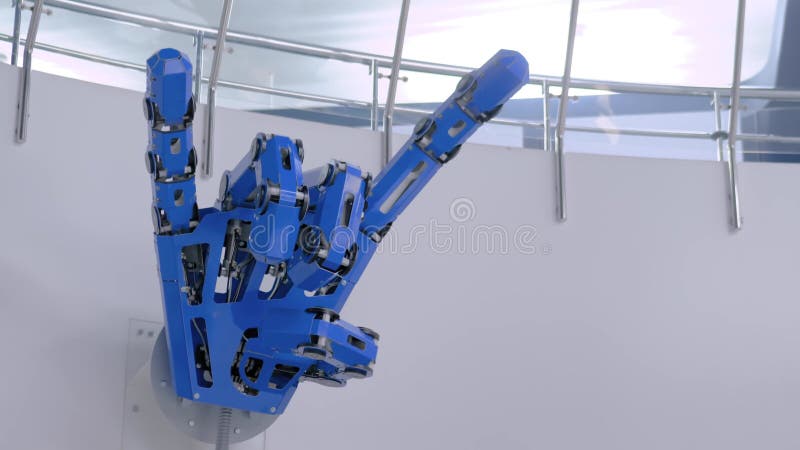 Futuristic Big Blue Mechanical Robotic Hand Showing Devil Horn Gesture ...