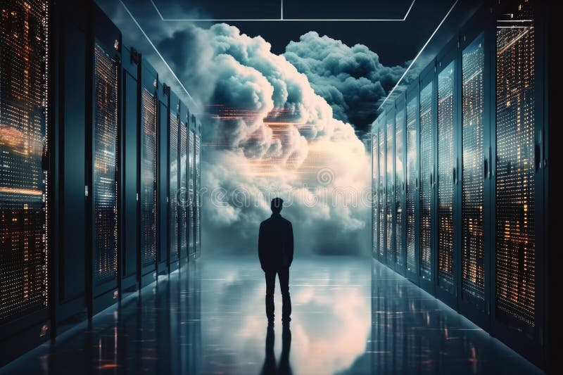 Futuristic Big Data Center with Business Man and Cloud Service of ...