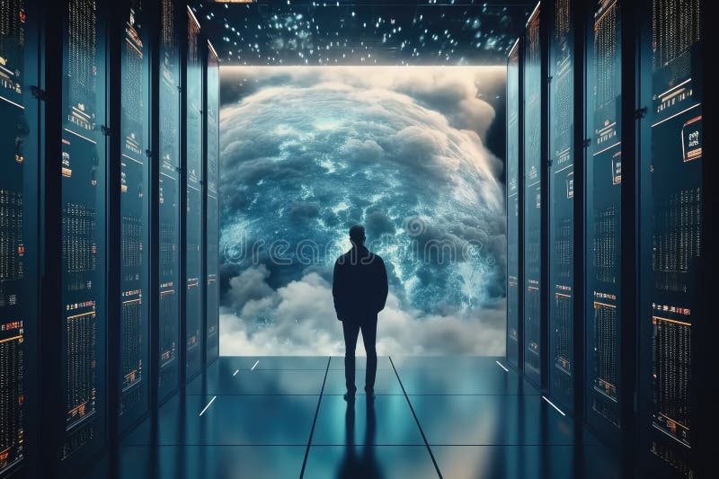 Futuristic Big Data Center with Business Man and Cloud Service of ...