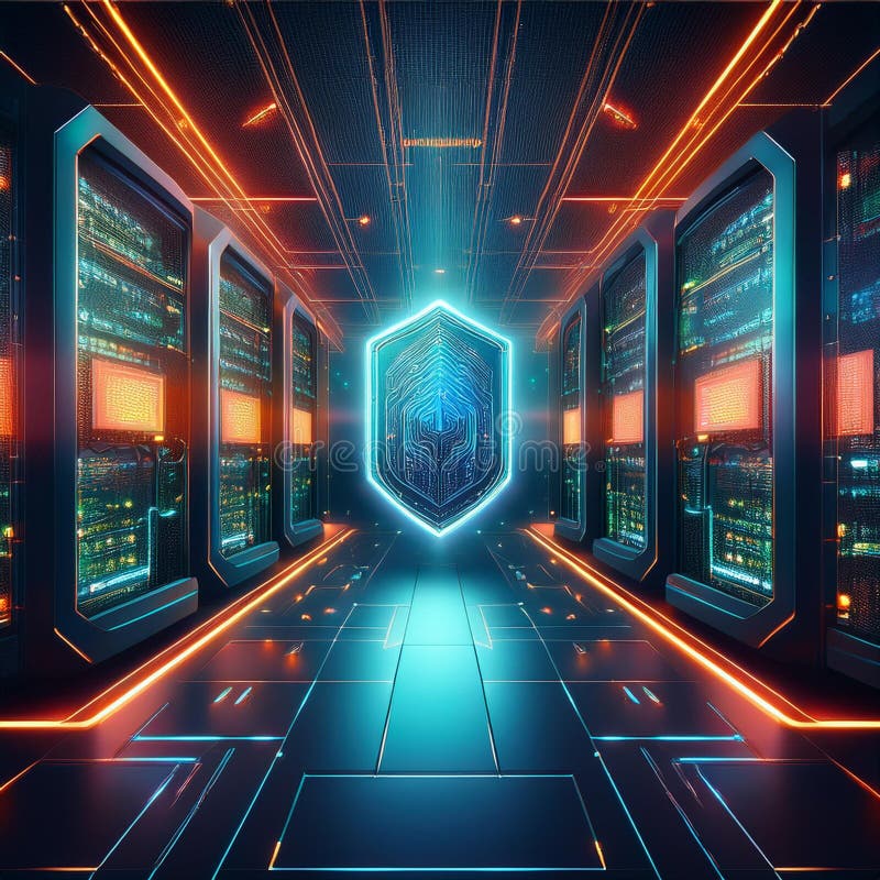 Futuristic Big Data Center with Servers and Digital Security Shields ...