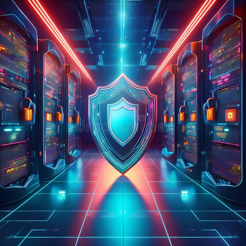 Futuristic Big Data Center with Servers and Digital Security Shields ...