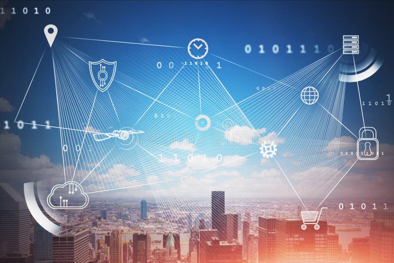 Futuristic Big Data Interface in City Sky Stock Image - Image of ...
