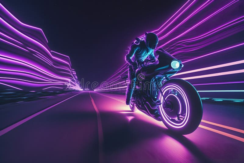 Futuristic Biker on a Retrowave Sunset with a Glitch and High-speed ...