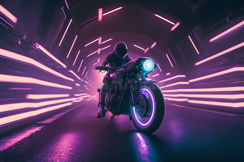 Futuristic Biker on a Retrowave Sunset with a Glitch and High-speed ...