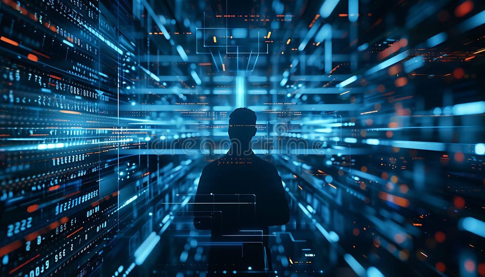 Futuristic Binary Code Cyberspace Tunnel with Humanoid Figure in Center ...