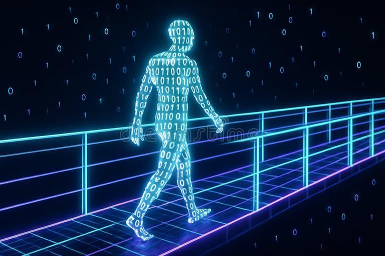 Futuristic Binary Code Human Walking on Neon Digital Bridge in Virtual ...